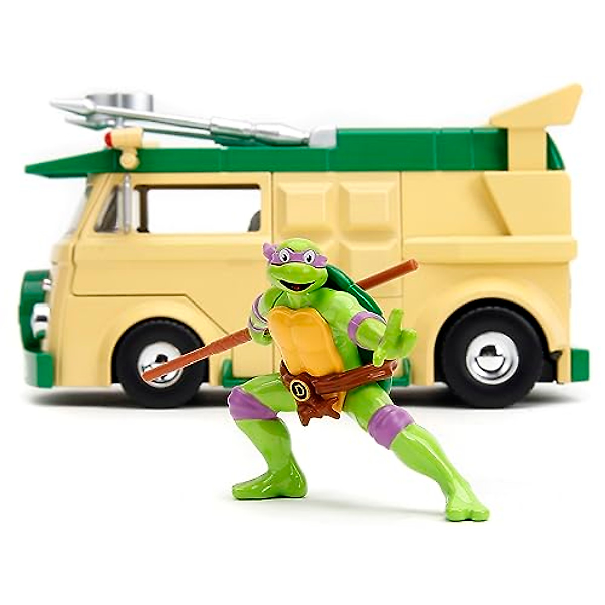 Party Wagon Green and Beige and Donatello Diecast Figure TMNT Hollywood Rides Series Diecast Model by Jada 34529