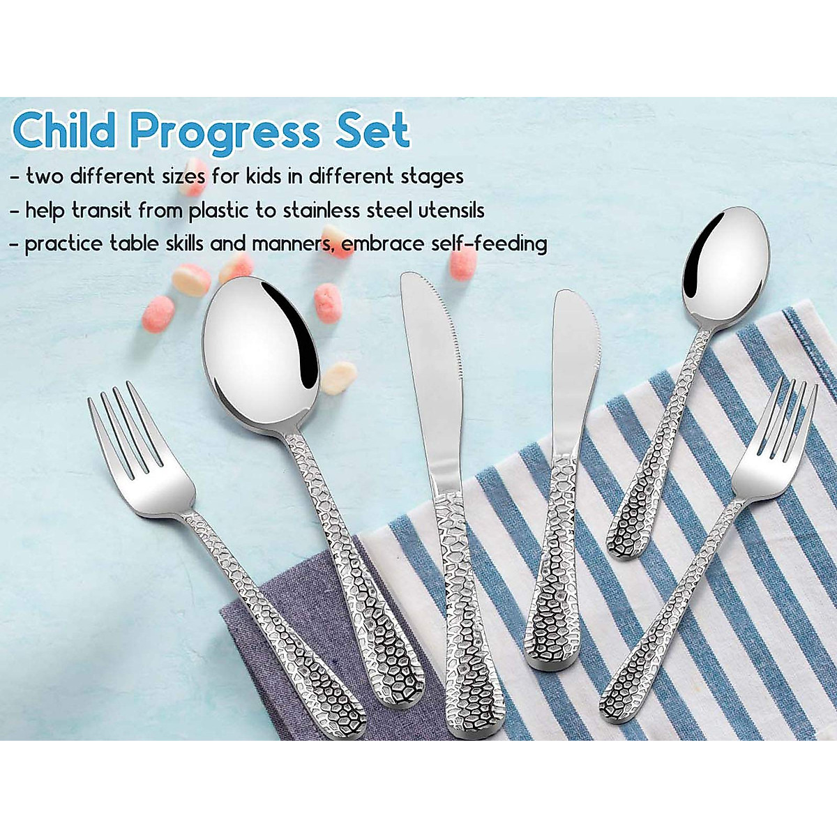 12 Piece Kids Utensils Silverware Set, E-far Stainless Steel Hammered Toddler Cutlery Child Flatware Progress Set, Small Adult Diet Tableware Include Fork Spoon Knife, Mirror Finished, Dishwasher Safe