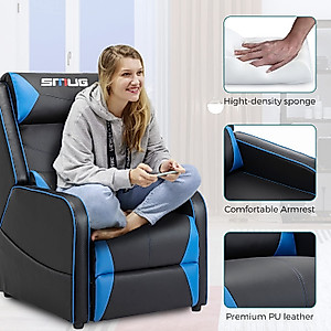 Gaming Recliner Gamer Chair for Adults - PU Leather Sofa with Footrest Comfortable Movie Theater Chairs Ergonomic Single Couch for Living Game Room- Black/Blue