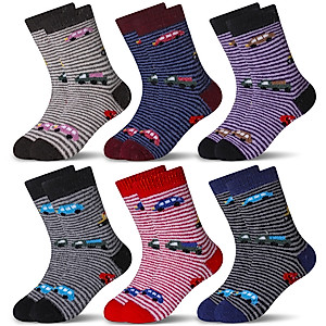 Eocom 6 Pairs Children's Winter Warm Wool Socks Kids Toddlers Boys Girls Thermal Thick Boot Cozy Crew Socks (8-12 Years, Cartoon Car)