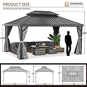 oneinmil 12x16FT Outdoor Gazebo, Heavy Duty Metal Double Roof Hardtop Gazebo with Aluminum Frame and Netting and Curtains for Patios