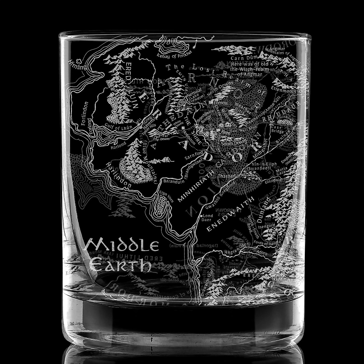 MAP OF MIDDLE EARTH Engraved Whiskey Rocks Glass | Inspired by The Hobbit, LOTR, Middle Earth, Tolkien Fantasy, & Rings of Power | Great Christmas Fantasy Gift & Bourbon Barware Drinking Decor!