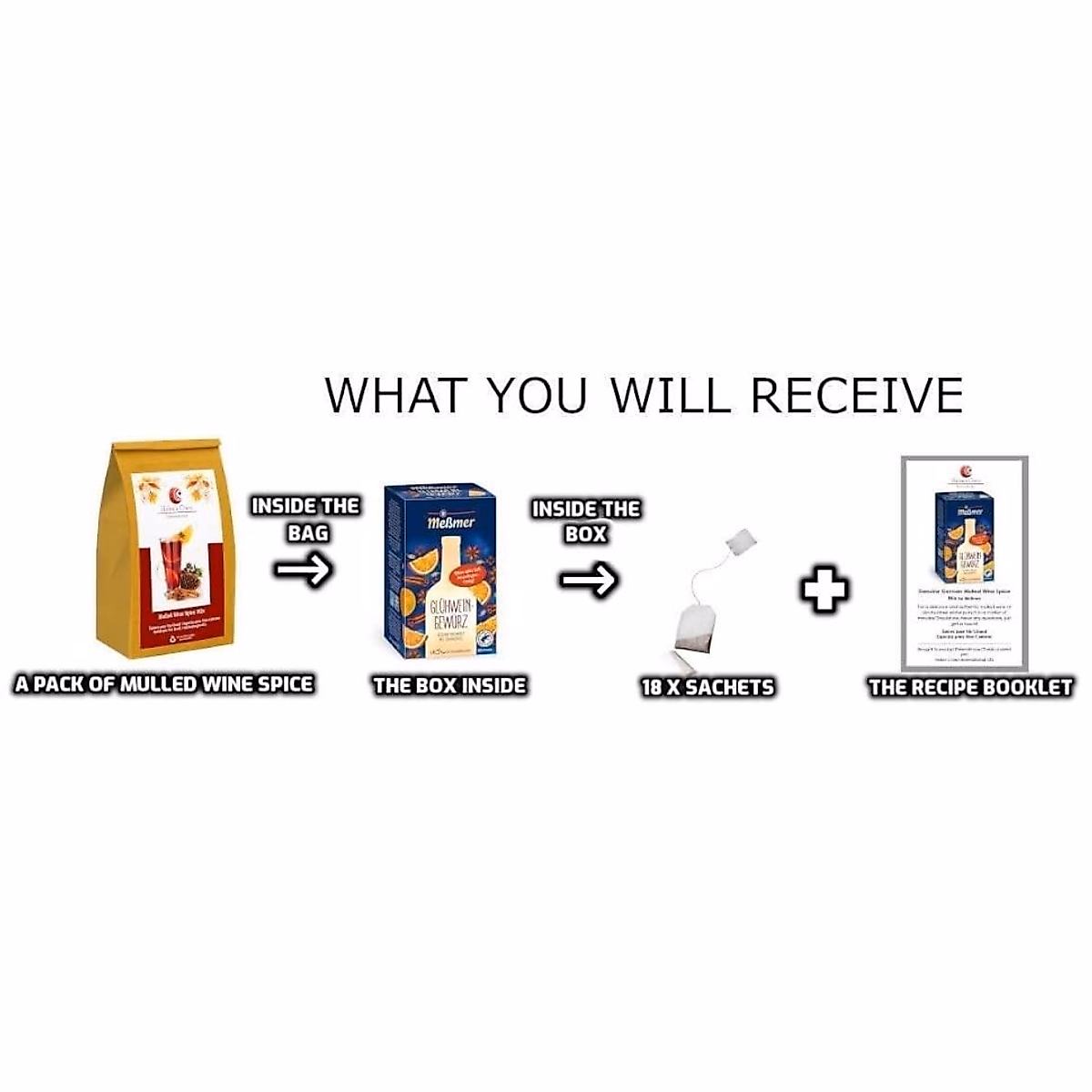 Genuine German Mulled Wine Spice Mulling Spices Mix Gluhwein - 18 x 0.5Oz Sachets - Glühwein Gewürz by Meßmer – with Helen’s Own Recipe Instruction Booklet – Winter Punch spice mix