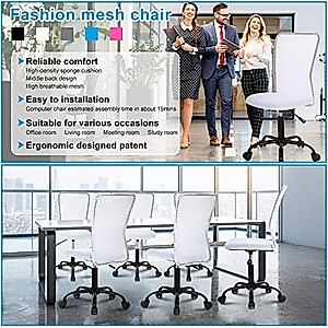 BestShop Home Office Chair Computer Chair Mid Back Mesh Chair, Desk Chair Height Adjustable Modern Task Chair No Armrest Rolling Swivel Chair Student Office Chair with Wheels,White