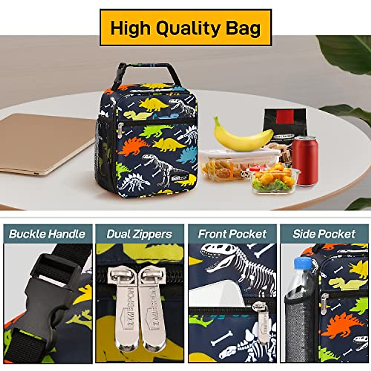 Buringer HOMESPON Reusable Lunch Bag Insulated Lunch Box Bento Cooler Tote with Front Pocket For Office/Outdoor (Color dinosaurs)