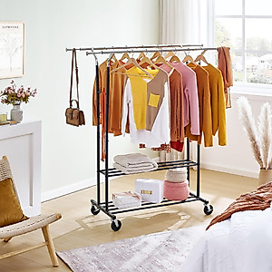 Tajsoon Heavy Duty Clothing Rack Extensible Double Rods with 2 Shelves, Rolling Clothes Rack with Wheels, Rolling Garment Racks for Hanging Clothes Load 250LBS, Clothes Hanging Rack Black