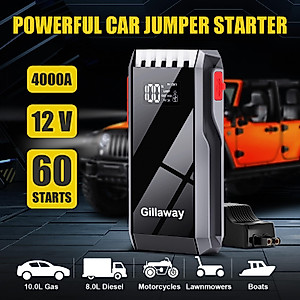 Gillaway 012 Jump Starter Battery Pack, 4000A Peak Car Battery Charger Jump Starter for Up to 10.0L Gas or 8.0L Diesel Engine,12V Car Jumper Starter Portable with Full LCD Screen & LED Light & USB