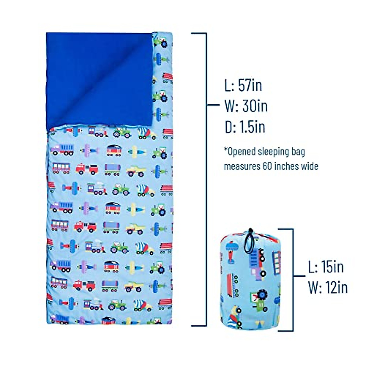 Wildkin Kids Sleeping Bags for Boys & Girls, Measures 57 x 30 x 1.5 Inches, Cotton Blend Material Sleeping Bag for Kids, Ideal for Parties, Camping & Overnight Travel(Trains Planes & Trucks)