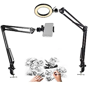 Phone Ring Light, 8'' Ring Light with 2 Suspension Arm Stand Compatible with iPhone 15 14 13 12 11 XR X XS Cell Phone for Baking,Craft,Calligraphy,Drawing,Online Lesson,Video Recording