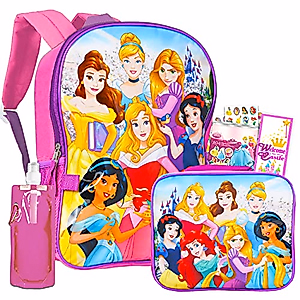Disney Princess Backpack with Lunch Box for Girls Bundle ~ Deluxe 16" Princess School Bag, Lunch Bag, Water Bottle, Stickers, and More (Disney Princess School Supplies)