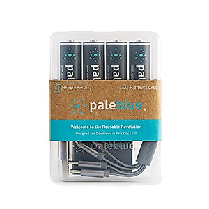 USB Rechargeable AA Batteries by Pale Blue, Lithium Ion 1.5v 1700 mAh, Charges Under 1 Hours, Over 1000 Cycles, 4-in-1 USB-A to USB-C Charging Cable, LED Charge Indicator, 4-Pack