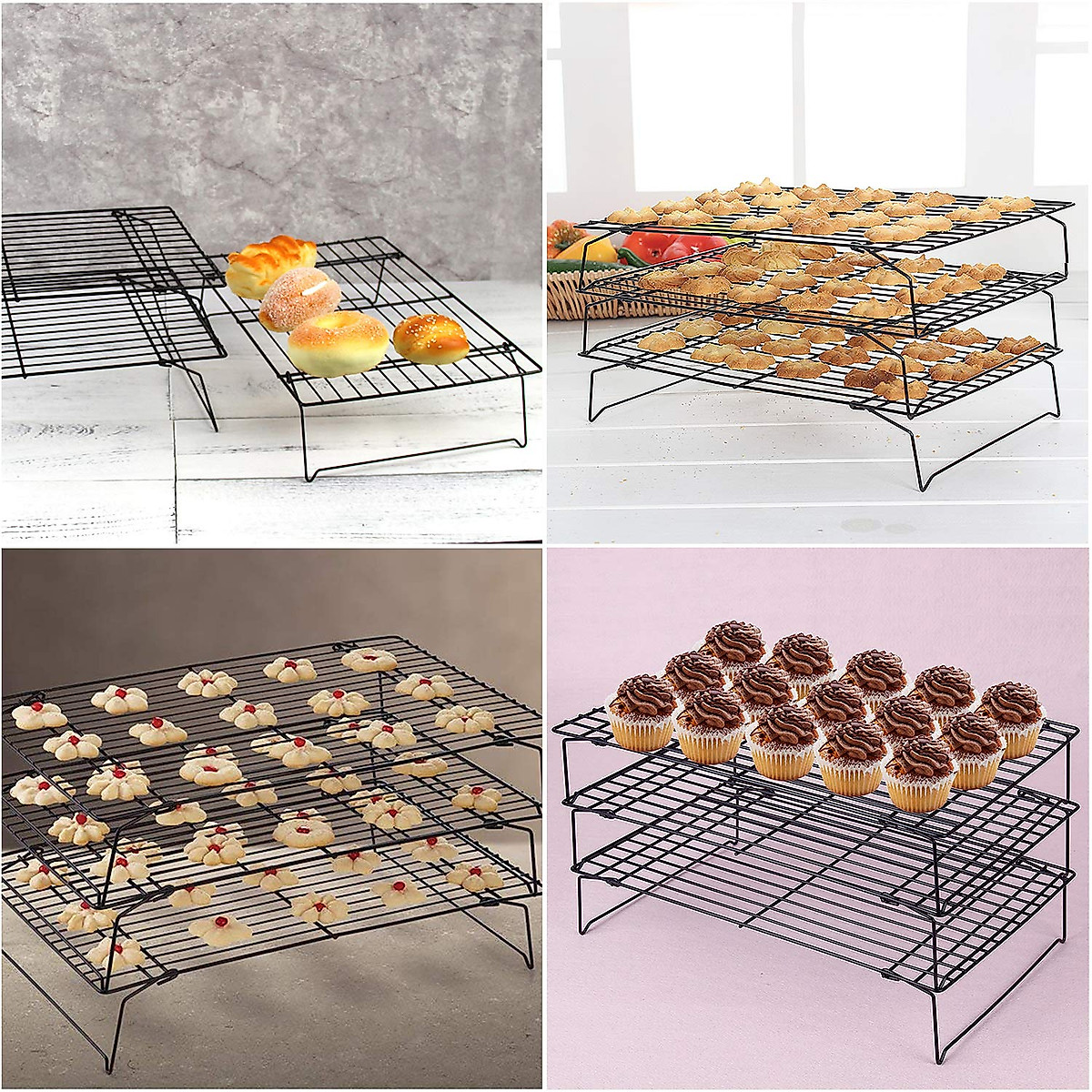 Cooling Rack, Lainrrew 3 Tier Stackable Baking Rack Stainless Steel Wire Cooking Rack for Cooking Roasting Cooling, Collapsible & Foldable, Dishwasher & Oven Safe