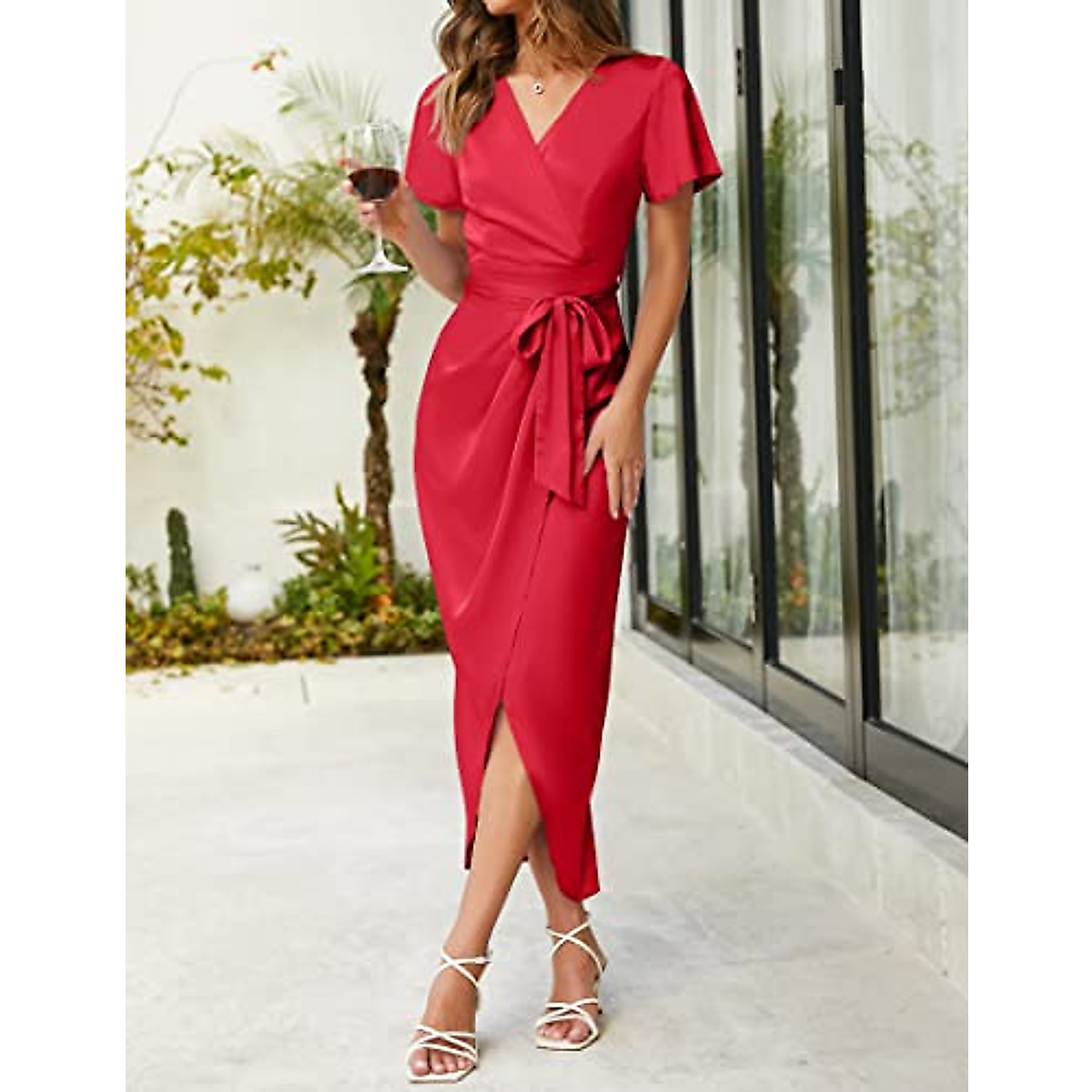 ZESICA Women's Elegant Bodycon Party Dress Satin Wrap V Neck Ruched Belted Formal Midi Dresses,Red,Medium