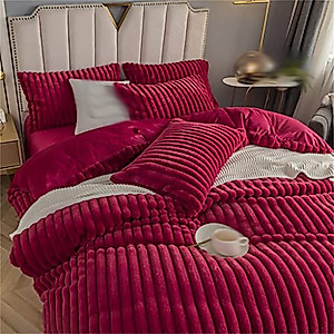 ZJHYXYH Red Super Soft Velvet Vertical Duvet Cover Set Double King Bed 4pcs Plush Bedding Set Flat Sheet Pillow Case (Color : D, Size : 200 * 230cm)