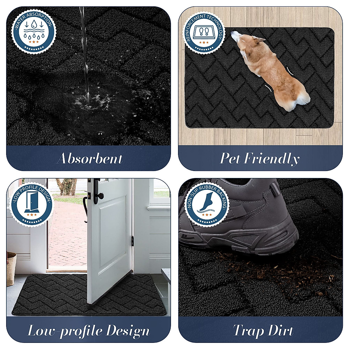 Walensee Indoor Doormat, Front Door Mat for Entrance (20"x32" Black) Machine Washable Entryway Rug, Non Slip Trapper Door Rugs Absorbent Dirt Low Profile Shoes Scraper Inside Floor Mats for Entry