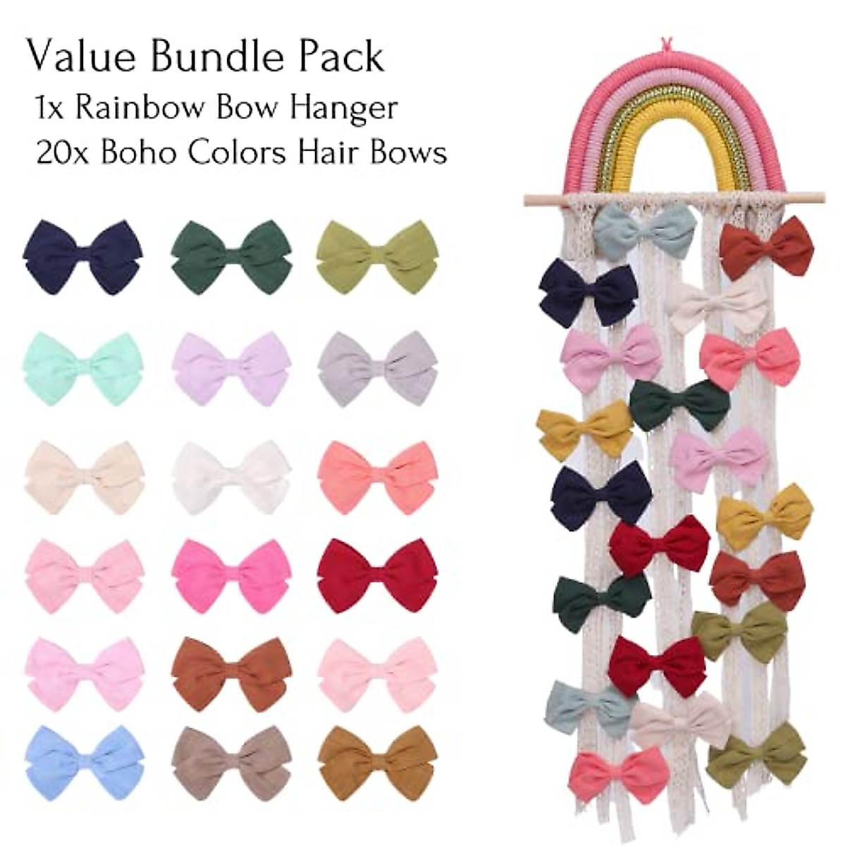 Boho Macrame Bow Holder & 20 Colors Linen Pigtail Bows | Wall Hanging Hair Clip Headband Rainbow Hanger Organizer Piggy Pig Tails Barrettes (Rainbow A)