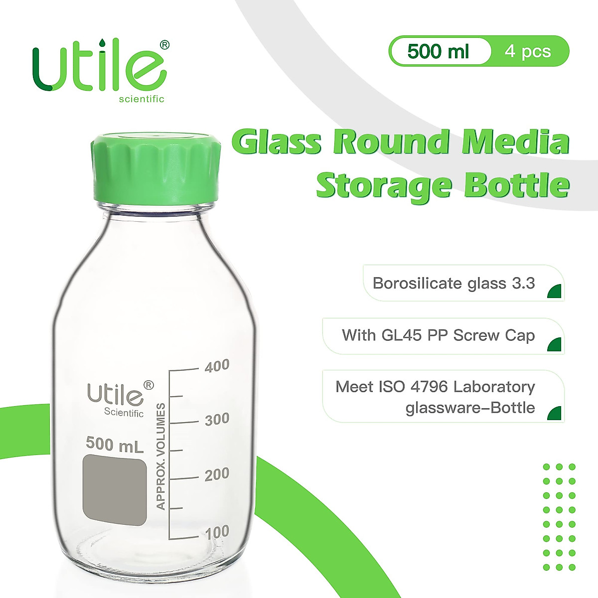 Utile Media Bottle, 3.3 Borosilicate Glass Bottles with GL45 Screw Caps, 4pcs of 500ml(16.9oz) Lab Media Bottles, PP Material Media Storage Bottle, 4038.0500.4