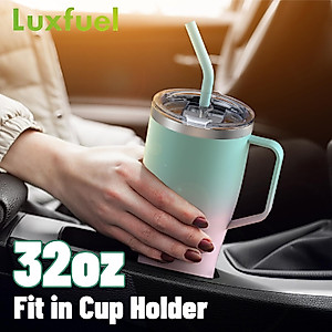 Luxfuel 32 oz Tumbler with Handle and Straw, Keep Drinks Cold up to 24 Hours,Stainless Steel Travel Cup with Lid, No Sweat,Leak Proof, Dishwasher Safe,Fit in Cup Holder,Pink