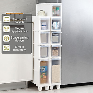 Narrow Tall Floor Cabinet for Bathroom, Vertical Storage Unit with 4 Clear Drawers and Casters, Slim Freestanding Narrow Dresser Tower Storage Drawer Cart, 14cm/22cm Width, Assembly Free