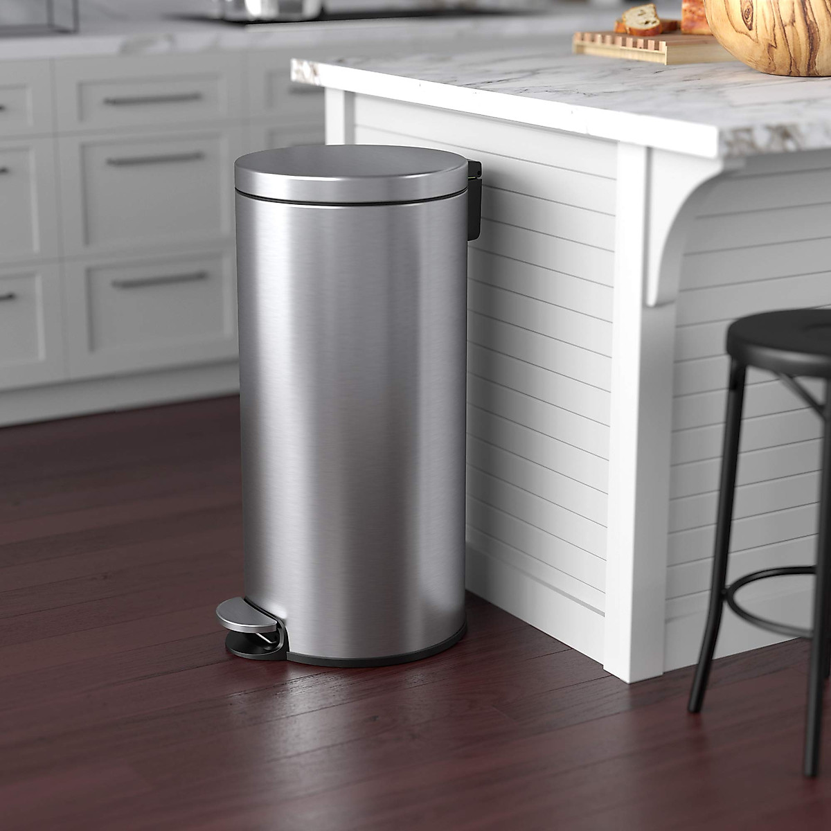 iTouchless SoftStep 8 Gallon Trash Can with Removable Inner Bucket and AbsorbX Odor Filter, Stainless Steel, 30 Liter Round Step Pedal Garbage Bin for Kitchen, Bathroom, Office, Quiet Lid Close