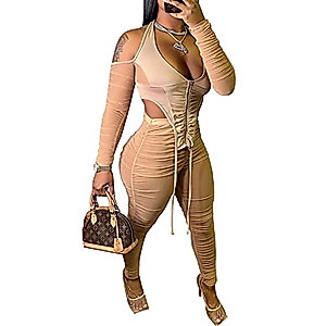Uni Clau Women Sexy Sheer Mesh Deep V Neck Two Piece Outfits Long Sleeve See Through Skinny Long Pants Club Long Romper Jumpsuit Beige M