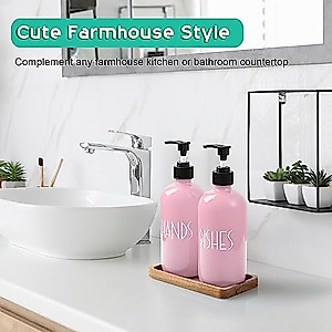 ALELION Dish Soap Dispenser for Kitchen - 16 OZ Glass Hand Soap Dispenser Set with Acacia Wood Tray - Pink Kitchen Bathroom Decor and Accessories