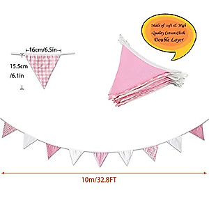 Zwiebeco 32Ft Pink White Plaid Dot Fabric Bunting Banner Triangle Flags Cotton Garland Pennant for Birthday Wedding Baby Shower Engagement Hen Party Classroom Nursery Home Outdoor Garden Decorations