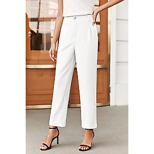 Febriajuce Women's High Elastic Waisted Dress Pants Button Down Pleated Work Pants Straight Leg Ankle Pants Office Trousers White