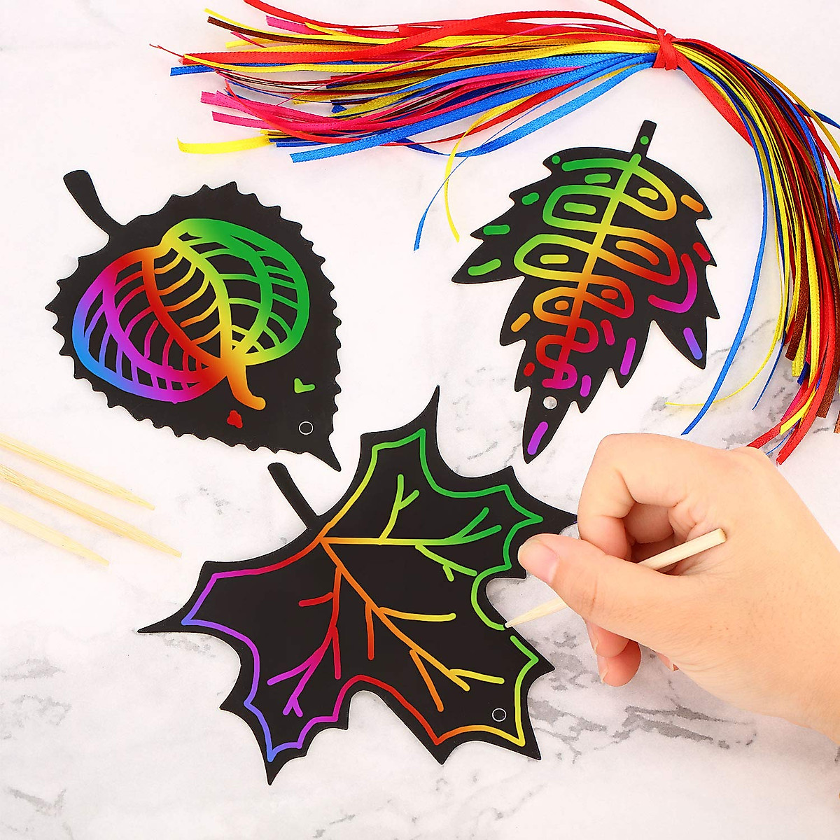 50 Pieces Scratch Fall Leaves Colorful Scratch Leaves Scratch Rainbow Art Paper with Ribbons and Wooden Stylus for Thanksgiving Harvest Party (Black)