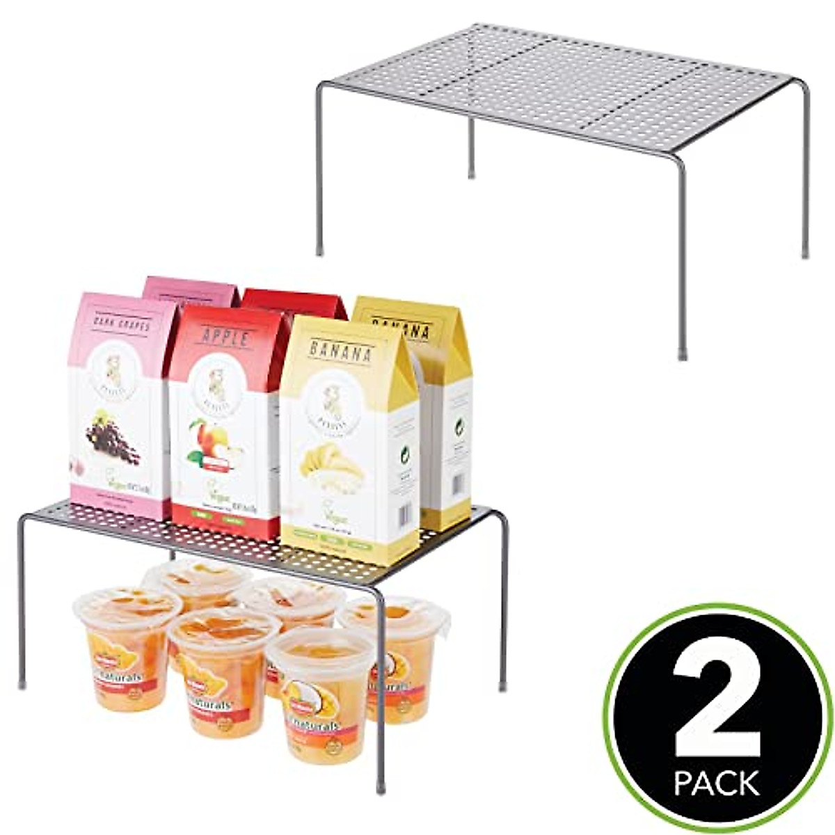 mDesign Small Raised Metal Kitchen Pantry Stacking Plate Organizer Storage Shelves, Cabinet Shelf Rack for Cupboard, or Cabinet - Store Food, Dishes, Bowls, Mugs, Concerto Collection, 2 Pack, Graphite
