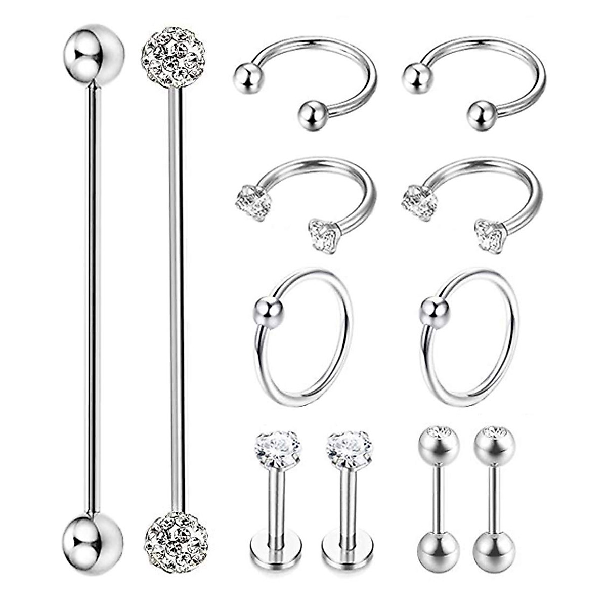 Masedy 12Pcs Stainless Steel Industrial Barbell Cartilage Piercing Earrings for Women Men Hoop Helix Tragus Labret Piercing A-Silver