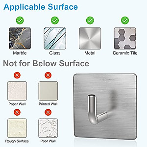 JIAJIAGUAN Adhesive Hooks Heavy Duty - Waterproof SUS 304 Stainless Steel Hook - Robe Towel Hooks - Wall Hooks for Hanging Coat - Slashes Hook for Bathroom Kitchen Bedroom (6 Pack)