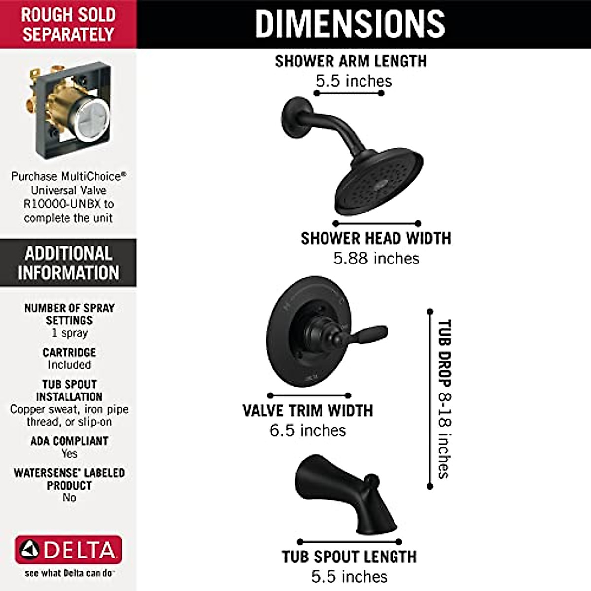 Delta Faucet Woodhurst 14 Series Matte Black Shower Faucet, Tub and Shower Trim Kit with Single-Spray Touch-Clean Black Shower Head, Matte Black T14432-BL (Valve Not Included)