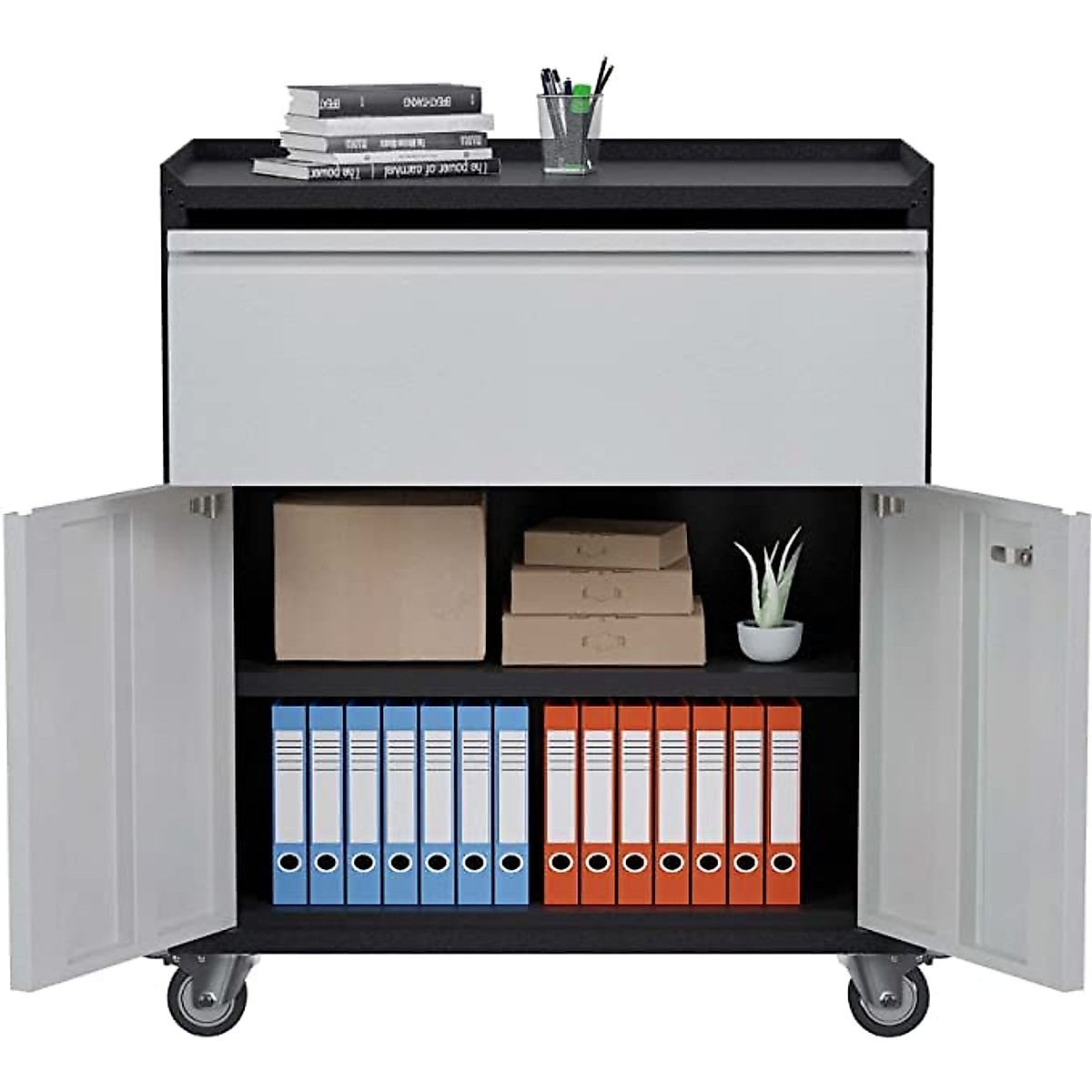 1 Drawer 2 Doors Rolling Adjustable Shelves Metal Storage Cabinet Black/Grey for Garage Utility Room Single Drawer & 2 Doors