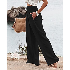 ERTUPE Women's Linen Palazzo Pants Boho Wide Leg High Waist Lounge Pant Elastic Casual Loose Solid Trousers with Pockets A-Black