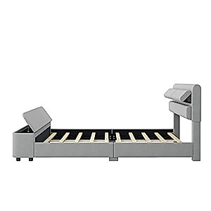 DEYOBED Queen Size Upholstered Platform Bed Frame Bedroom Furniture with Trundle and 2 Storage Drawers - No Box Spring Needed