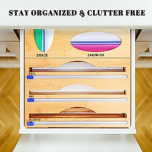 Foil and Plastic Wrap Organizer with Ziplock Bag Organizer, 6 in 1 Plastic Wrap Dispenser with Cutter, Bamboo Ziplock Bag Storage Organizer for Kitchen Drawer, For Gallon,Quart,Sandwich,Snack,13” Roll