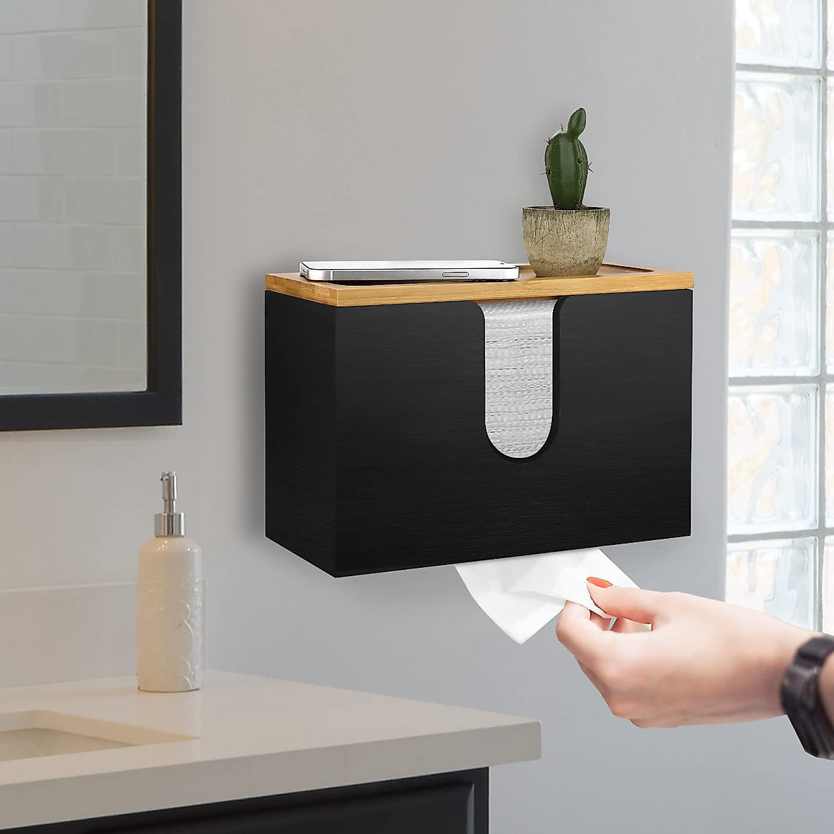 ADXCO Paper Towel Dispenser Wall Mount Bamboo Black Paper Hand Napkin Dispenser with Lid for Bathroom Kitchen Office and Toilet