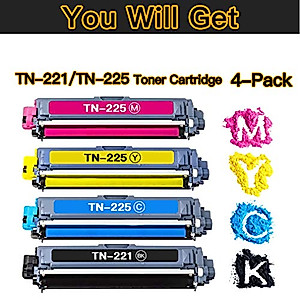 4-Pack (BK+C+M+Y) Compatible TN-221 TN221 Printer Toner Cartridge TN225 TN-225 TN221/225 Used for Brother MFC-9340CDW 9330CDW 9130CW HL-3170CW 3180CDW DCP-9020CDN, Sold by Etechwork