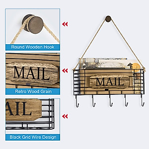 SRIWATANA Mail Holder, Rustic Mail Organizer Wall Mount Hanging Mail Sorter Letter Basket with 5 Key Holder for Wall, Large, Carbonized Black