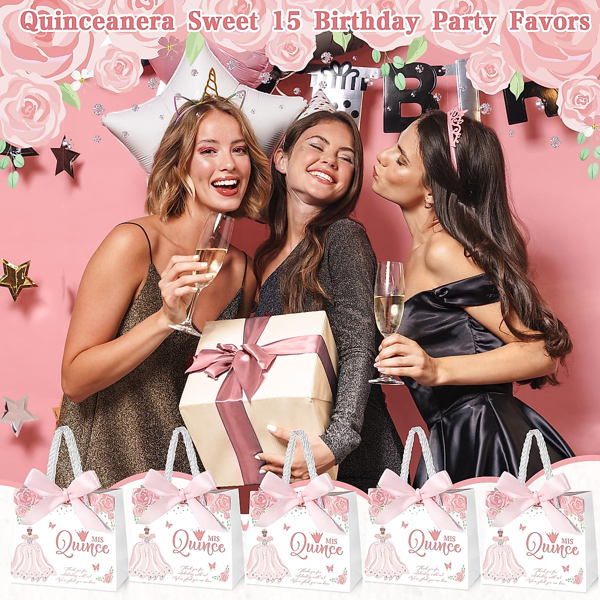 Skyygemm 25 Sets Quinceanera Party Favors for Guests Quinceanera Gift Bag with Handles Small Candy Bag with Bow Ribbon Mis Quince Decoration Quinceanera Sweet 15 Birthday Party Favor (Pink)