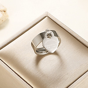 JINHUI Rings with Charms for Girlfriend, 6mm Heart Dangle Ring Graducation Gift 18k Gold Plated Ring Engraved Promise Ring Jewelry (Silver, 7)