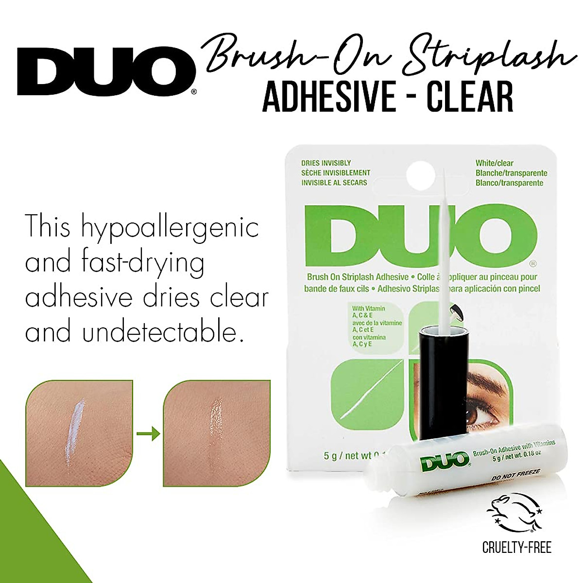DUO Brush-On Strip Lash Adhesive with Vitamins A, C & E - Clear, Non-Irritating, Fast-Drying Lash Glue, Safe for Sensitive Eyes and Skin, for False Lashes, 0.18 oz, 2-Pack