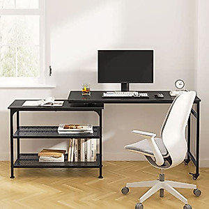 soges Reversible L Shaped Desk, 360° Free Rotating Corner Computer Desk, 47 inch L Desk with Storage Shelves for Home Office, Modern Study Writing Table Workstation, Black