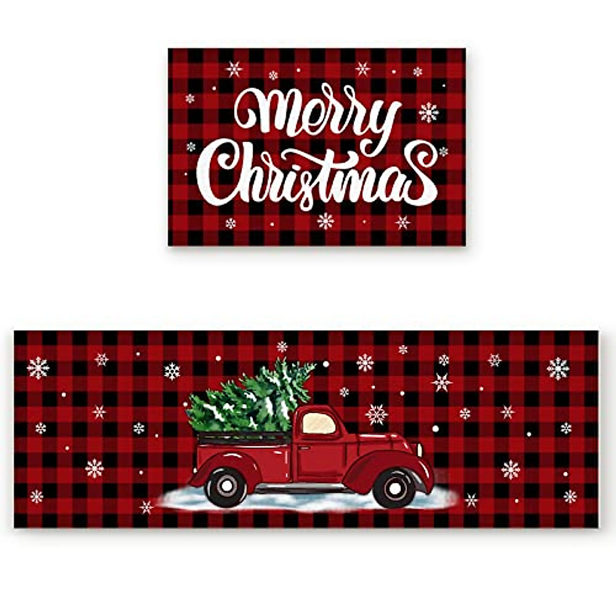 2 Piece Red Truck Kitchen Rug Set Merry Christmas Indoor Floor Mats for Winter, Xmas Door Mat Runner Rug Carpet Mat for Kitchen Home Decor (15.7" x 23.6"+15.7" x 47.2") - Red Black Buffalo Check Plaid