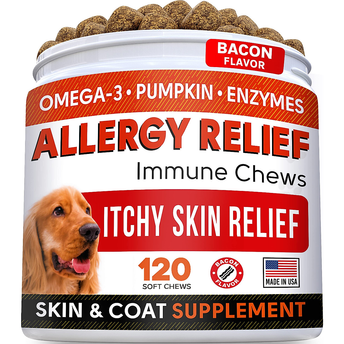 Pumpkin for Dogs + Allergy Relief Bundle - Upset Stomach + Itchy Skin Relief - Pure Pumpkin Powder + Omega 3 + Enzymes + Turmeric - Digestion Support + Skin & Coat Health - 8.1oz + 120ct - Made in USA