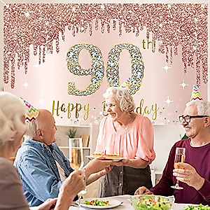 Happy 90th Birthday Banner Backdrop Decorations for Women, Rose Gold 90 Birthday Party Sign Supplies, Pink 90 Year Old Birthday Poster Background Photo Booth Props Decor