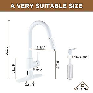 CASAINC Kitchen Faucet with Pull Down Sprayer Matte White, 1.8 gpm 16.89in H Touchless Motion Sensor Single Handle Kitchen Sink Faucet, Lead-Free Copper for Bar Laundry Kitchen Sink