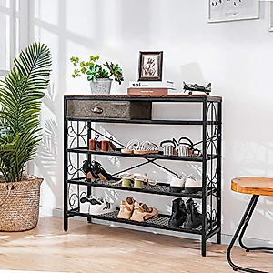 X-cosrack Shoe Rack, 4-Tier Shoe Rack Organizer Industrial Metal Closet wooden vertical Shoe Rack Storage Garage Shoe Stand for Closets Entryway Brown Black