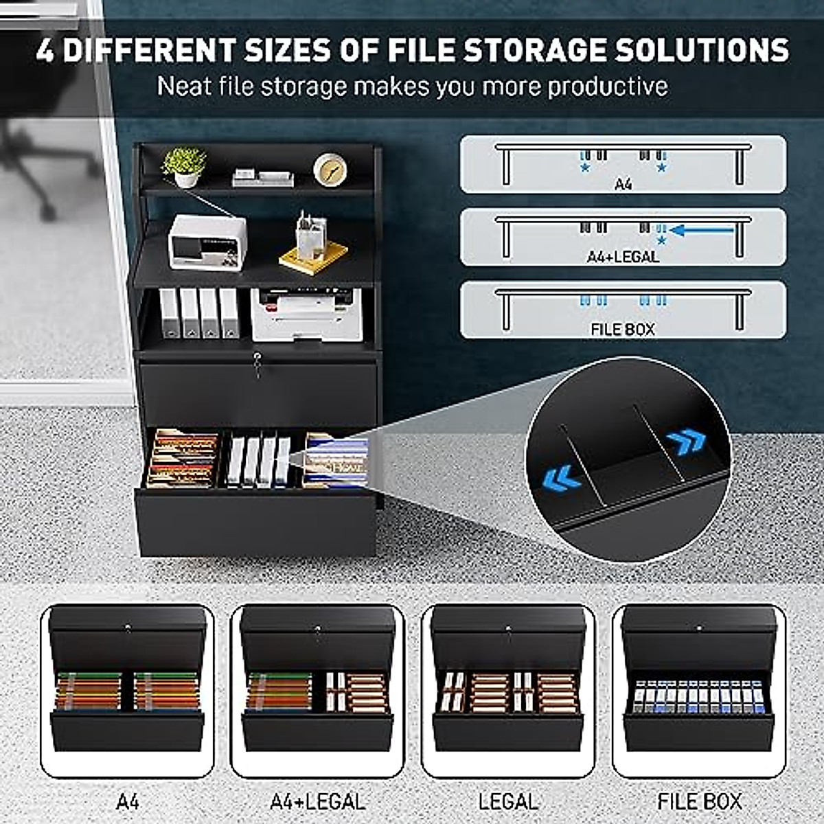 WIILAYOK Lateral File Cabinet with Lock, 2 Drawer File Cabinet for Home and Office, Lateral Locking Filing Cabinet with Storage Shelves, Filing Cabinet fits Letter/Legal/A4 Size